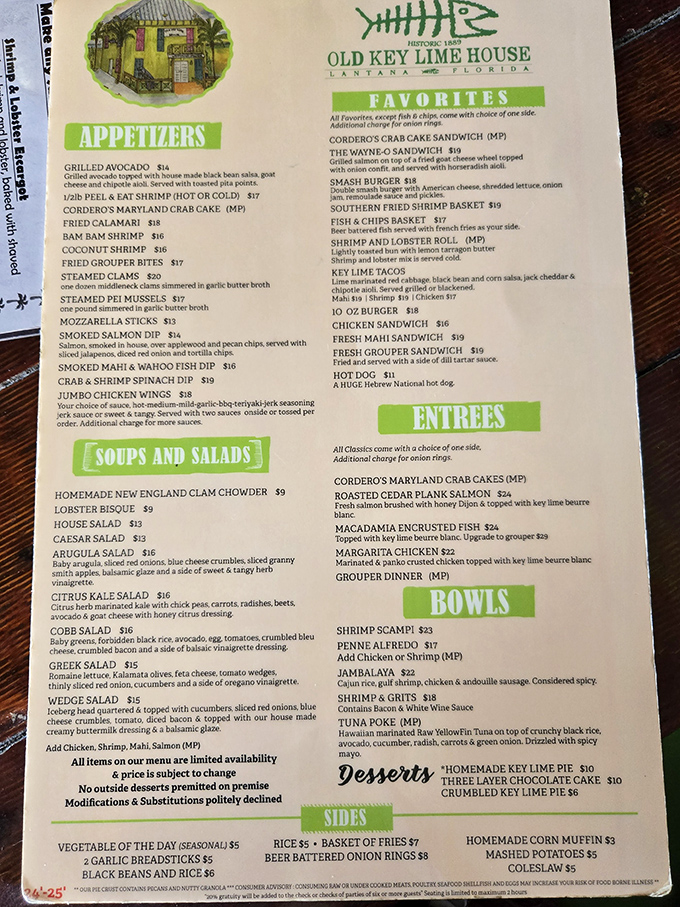 The menu reads like a love letter to Florida's waters &ndash; grouper, mahi, conch fritters &ndash; each dish more tempting than the last.