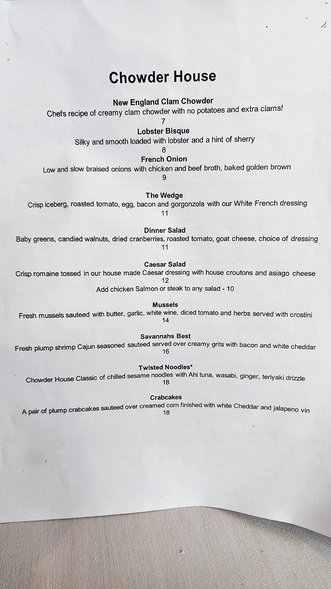 The menu reads like a love letter to seafood enthusiasts. No potatoes in that chowder? Heresy in some circles, genius in this one.