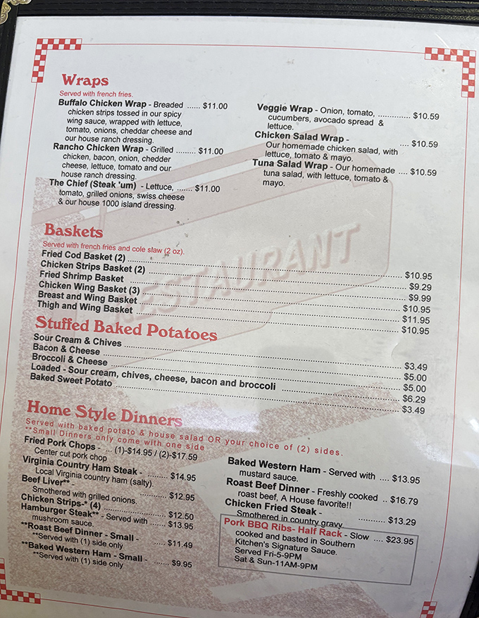 The menu reads like a love letter to Southern comfort food &ndash; wraps, baskets, and home-style dinners that make decision-making the hardest part of your visit.