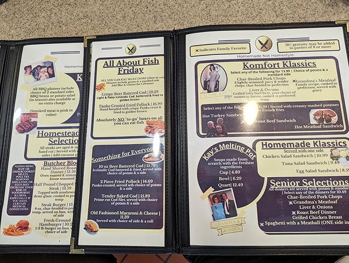 The menu reads like a love letter to Midwest comfort food, with "Komfort Klassics" that would make your grandmother nod in approval.