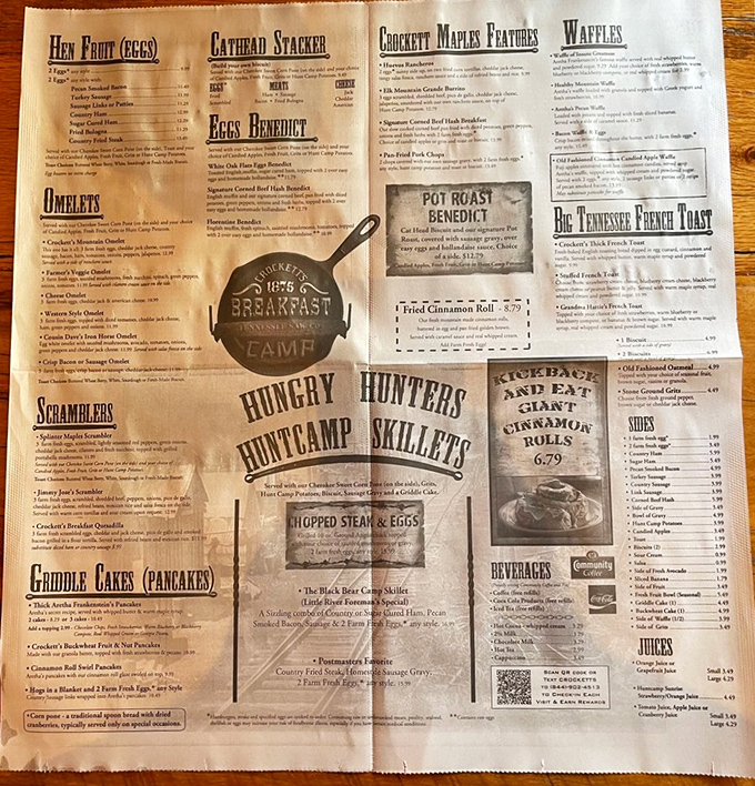 This isn't just a menu&mdash;it's a treasure map to breakfast nirvana. "Cathead Stacker" and "Hungry Hunter Skillets" aren't just meals, they're adventures.