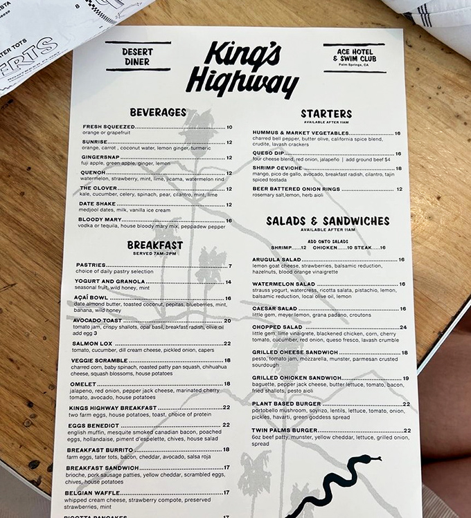 This menu reads like a love letter to California cuisine, where date shakes and avocado toast coexist in perfect harmony with diner classics.