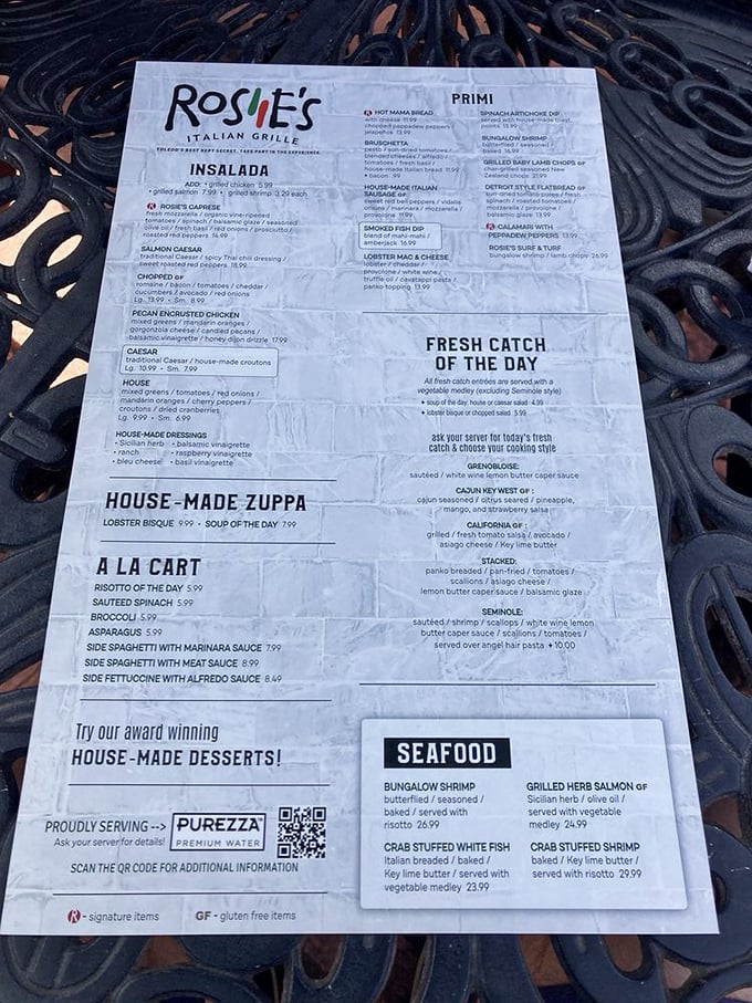 A menu that reads like a love letter to Italian cuisine. The "House-Made Zuppa" section alone is enough to make you consider ordering one of everything.