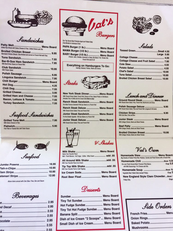 The menu at Val's doesn't need fancy descriptions. When you've perfected burgers in three sizes&mdash;Baby, Mama, and Papa&mdash;why complicate things with unnecessary words?