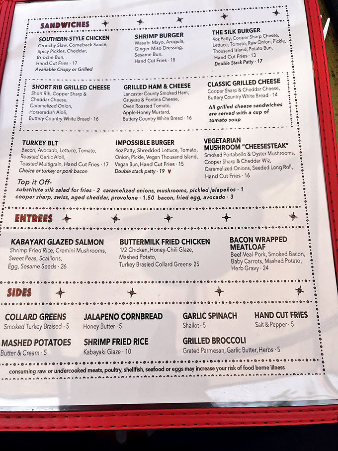 A menu that reads like a love letter to comfort food, with each description promising the kind of satisfaction that makes you plan your next visit before finishing your first.