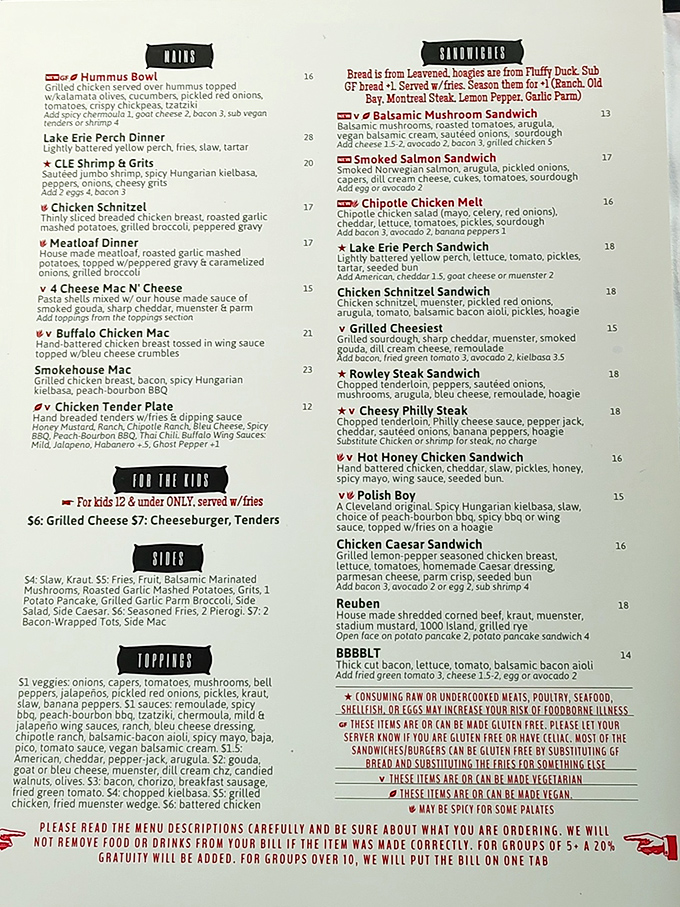 A menu that reads like a love letter to Cleveland comfort food. From Lake Erie Perch to Polish Boy sandwiches, every dish tells a local story.