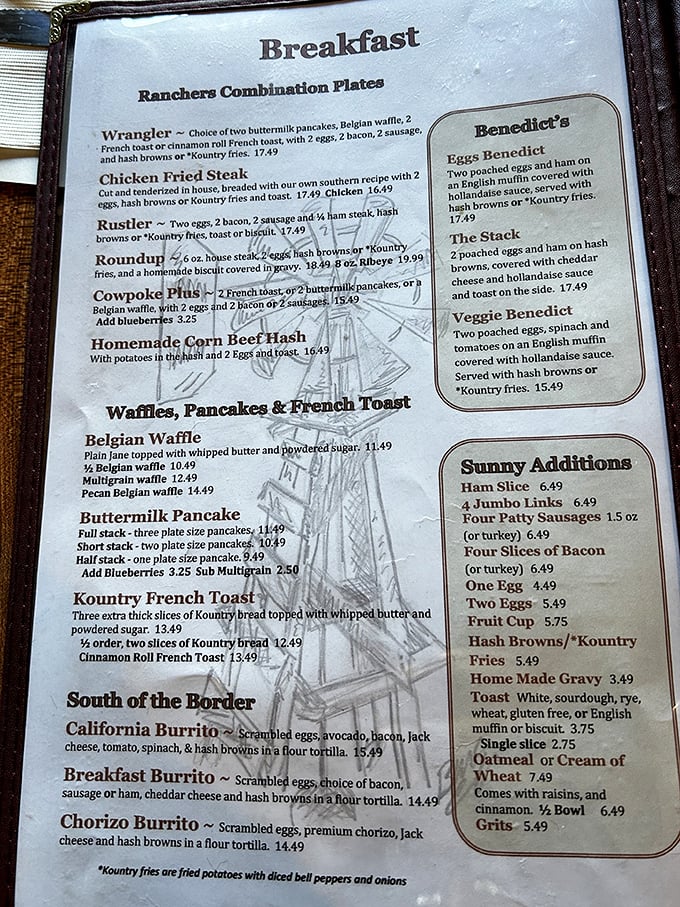 The menu reads like a love letter to American breakfast classics, with each item promising the kind of satisfaction that only home-style cooking can deliver.