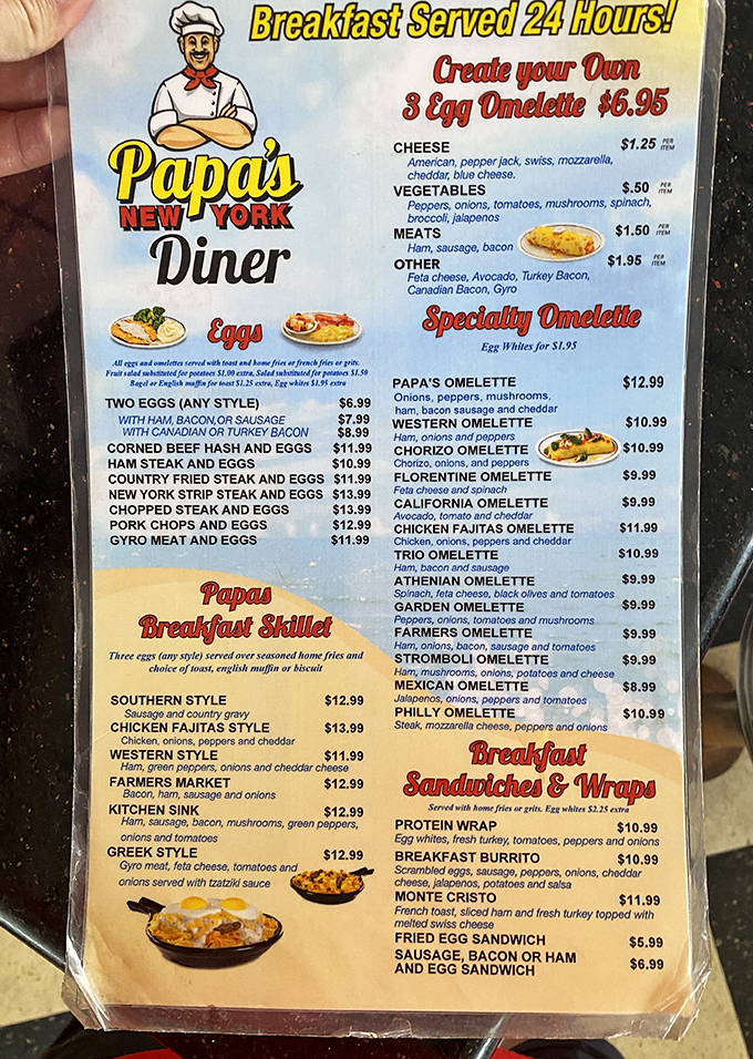 The menu – a novel of breakfast possibilities. When someone says "I'll just have something light," hand them this and watch their plans change.