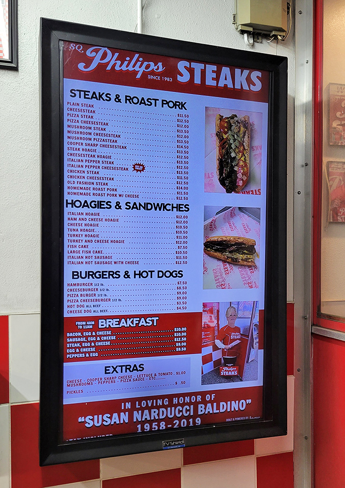 A menu board that gets straight to the point: no foams, no reductions, no pretense&mdash;just honest Philadelphia sandwiches that deliver.