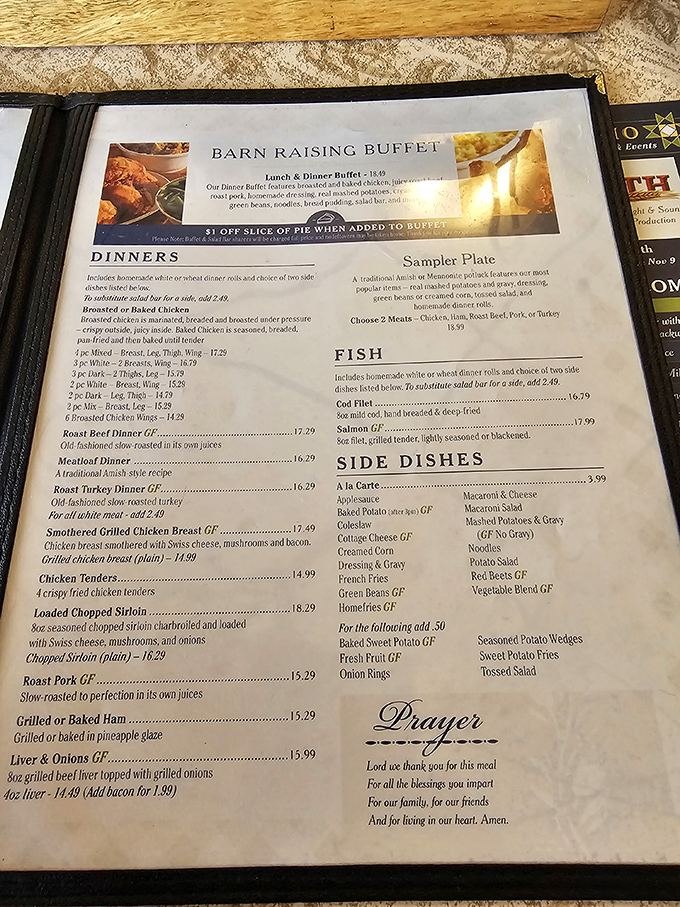 The menu reads like a love letter to hearty Midwestern fare, complete with a prayer reminding you these calories are blessed.