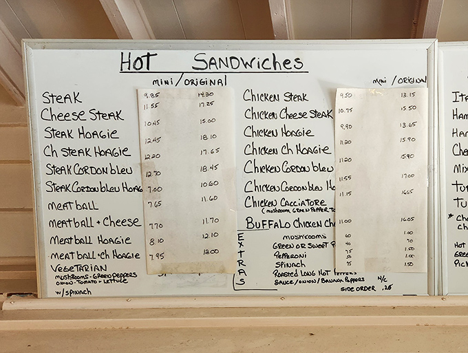 The handwritten menu board&mdash;a relic from a pre-digital age&mdash;showcases an impressive lineup of hot sandwiches that have stood the test of time.