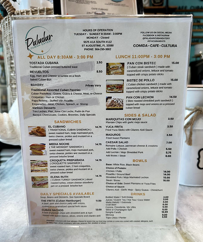 The menu reads like a love letter to Cuban cuisine – each item promising a different kind of delicious commitment.