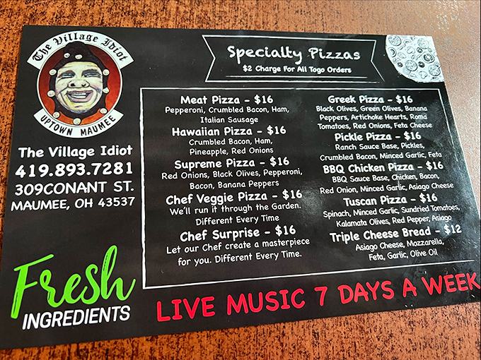 The menu doesn't mince words &ndash; just promises pizza greatness. That Italian sausage option hiding in plain sight is what culinary pilgrimages are made for.