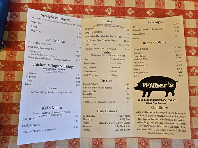 The menu tells the story&mdash;Eastern NC barbecue in its purest form. No fancy fonts needed when the food speaks this eloquently.