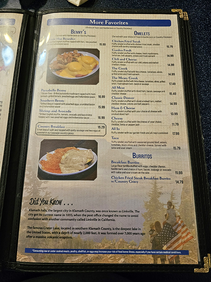 The menu reads like a love letter to breakfast classics. That "Did You Know" section about Crater Lake? Chef's kiss for local trivia with your eggs.
