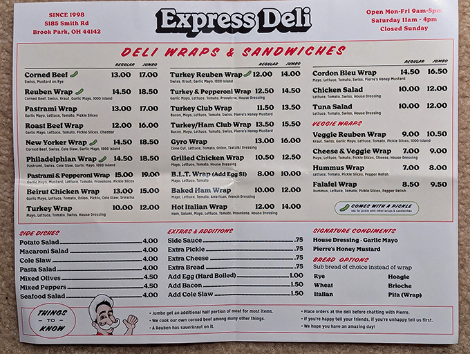 This menu isn't just a list&mdash;it's a roadmap to happiness. The Reuben Wrap beckons like an old friend who always knows exactly what you need.