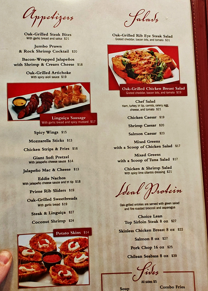 A menu that speaks directly to your inner caveperson. "Oak-grilled" appears so often it should have its own fan club.