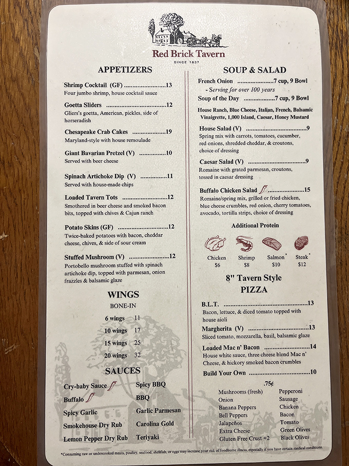 This isn't just a menu&mdash;it's a historical document. French onion soup "serving for over 100 years" isn't marketing; it's a culinary time capsule.