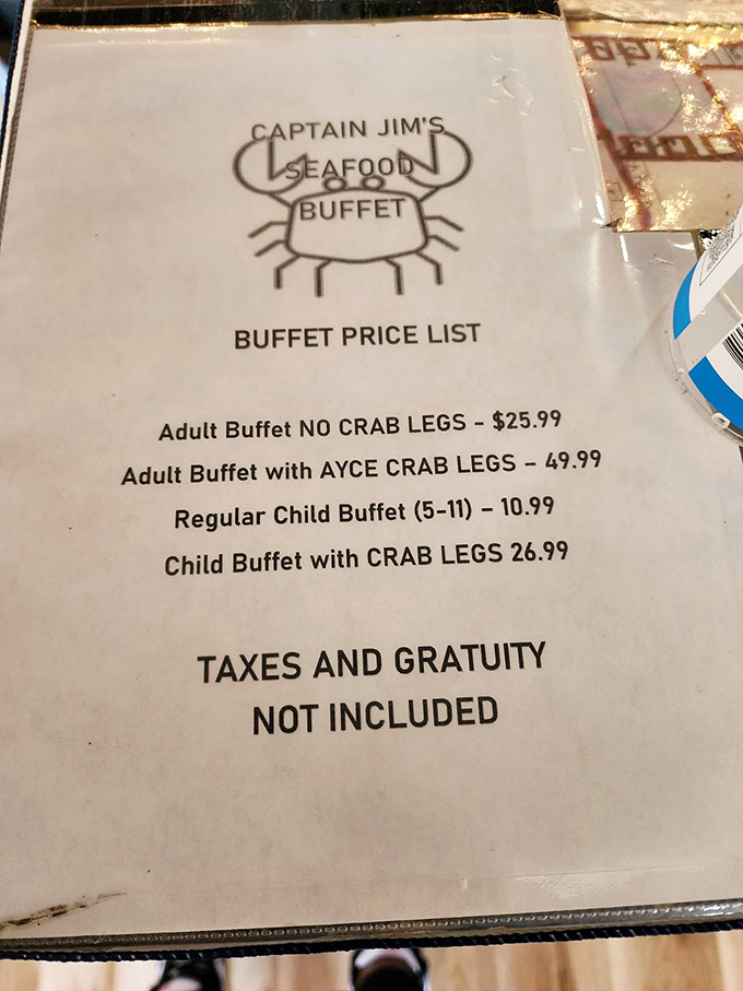 The menu tells you everything you need to know: this place takes its crab legs seriously. The all-you-can-eat option is basically a dare wrapped in a business model.