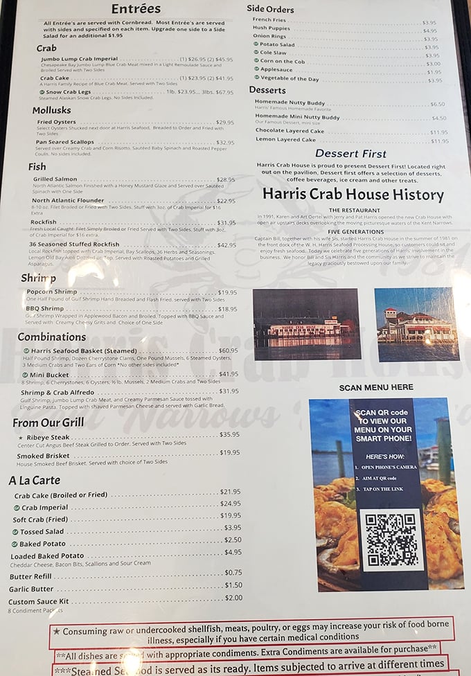 The menu reads like a love letter to the Chesapeake Bay. No fancy fonts needed when the food speaks this eloquently.