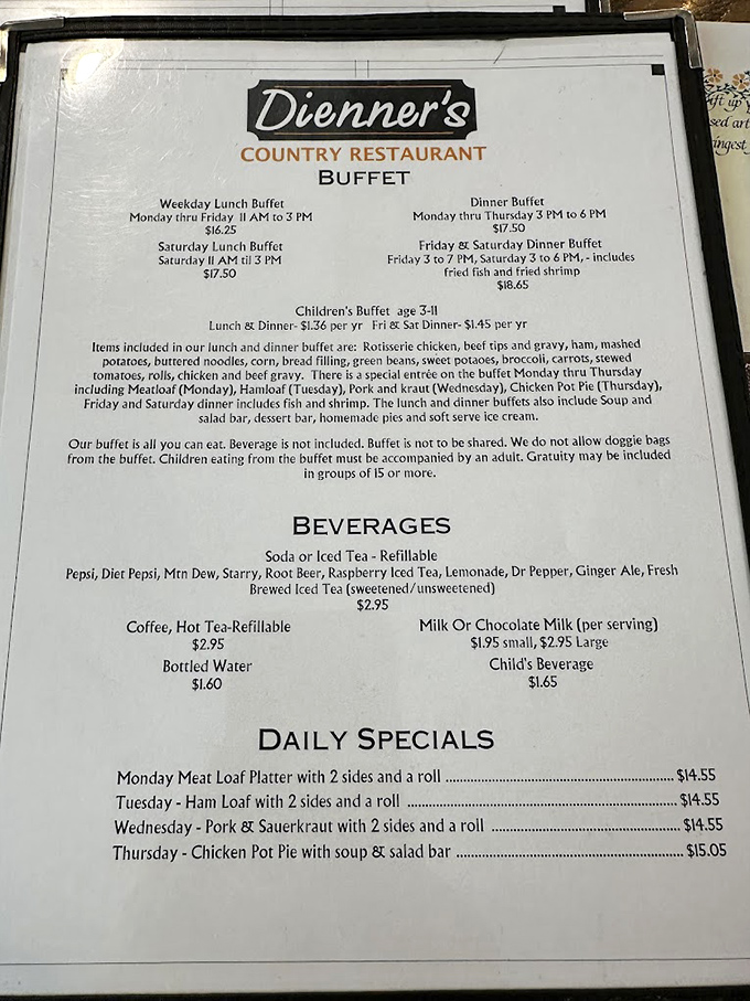 The menu tells the whole story—daily specials that rotate like the seasons and a buffet that's the stuff of local legend.