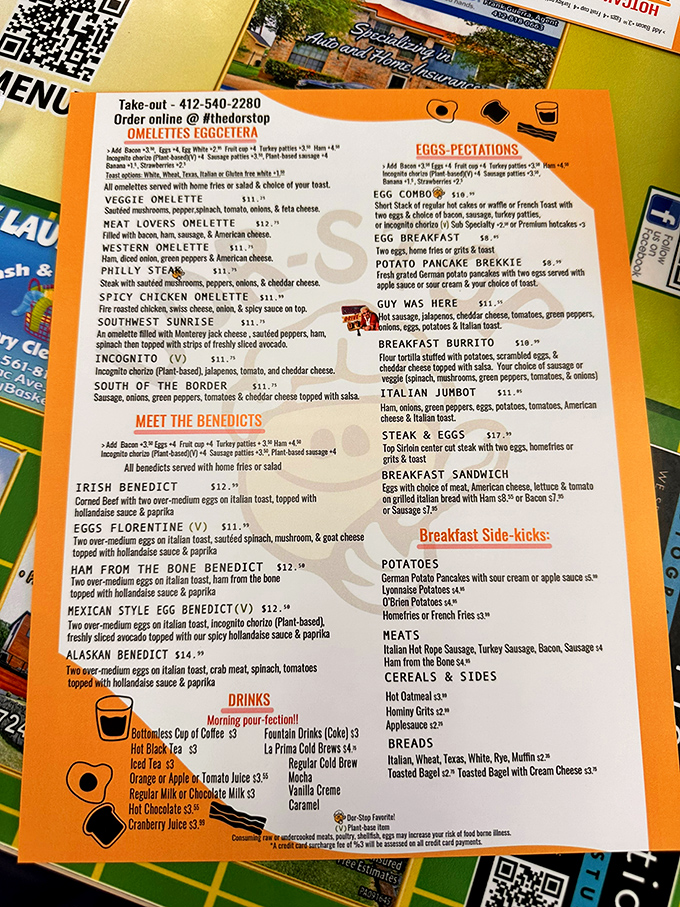 The "Meet the Benedicts" menu section reads like a who's who of breakfast royalty, each one more tempting than the last.