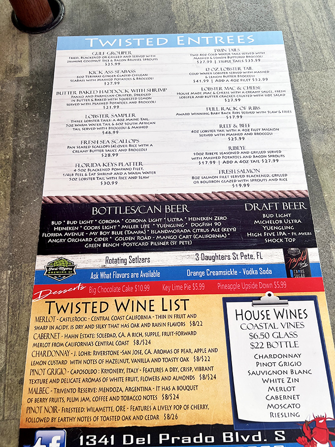 A menu that reads like seafood poetry&mdash;notice the "Kick Ass Seafood" section isn't being modest about its offerings.