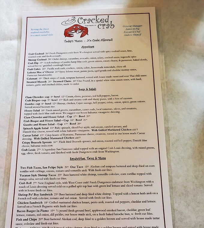 A menu that reads like a love letter to the ocean. Each description promises a seafood adventure worth embarking on.