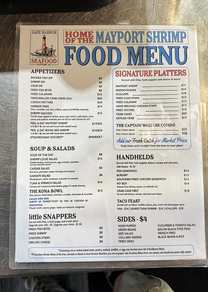 A menu that reads like poetry to seafood lovers. The "Captain Walter's Combo" isn't just a meal&mdash;it's a maritime adventure on a plate.