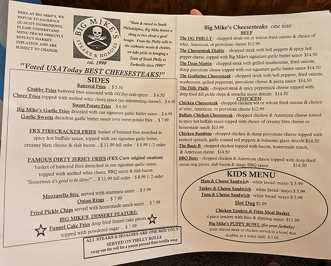The menu reads like a love letter to Philadelphia street food, with "Famous Dirty Jersey Fries" stealing the spotlight. Sometimes it's good to be dirty!