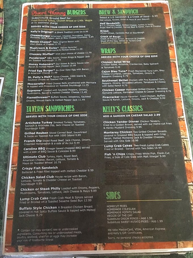 The menu showcases Kelly's commitment to tavern classics done right, from award-winning burgers to that legendary Reuben sandwich everyone raves about.