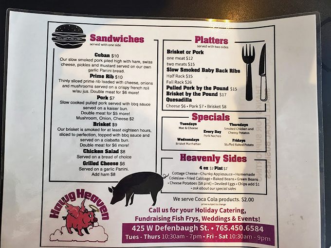 A menu that cuts straight to the chase&mdash;no fancy descriptions needed when your brisket spends eighteen hours becoming something worth crossing county lines for.