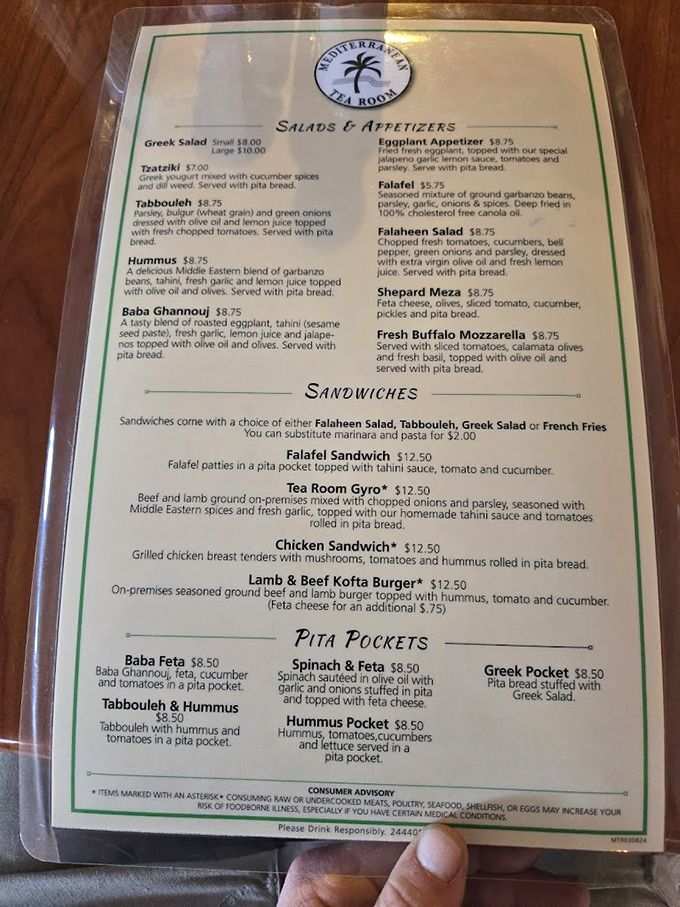 A menu that reads like a Mediterranean greatest hits album. Each item promises a vacation for your taste buds without the airfare.