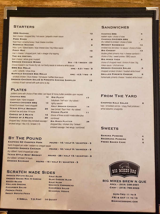 The menu reads like a love letter to smoked meat enthusiasts&mdash;no pretentious descriptions, just straightforward offerings that let the barbecue speak for itself.