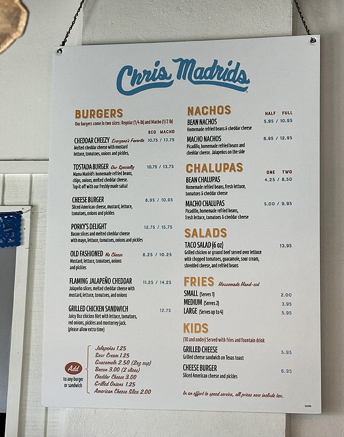The menu board of dreams. Each line represents a different path to burger nirvana, with the legendary Cheddar Cheezy and Tostada Burger leading the way.