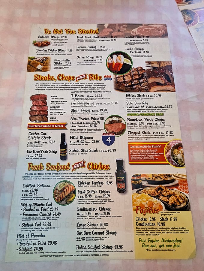 A menu that doesn't mess around. When the "To Get You Started" section includes Buffalo wings and coconut shrimp, you know you're in for a serious feast.