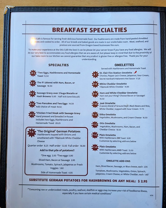 This isn't just a menu&mdash;it's a roadmap to breakfast bliss featuring those legendary German potatoes.