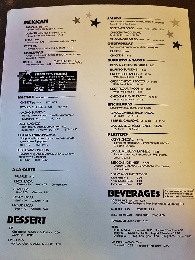 The menu reads like a love letter to Texas comfort food, with stars highlighting specialties that have kept hungry travelers returning for decades.