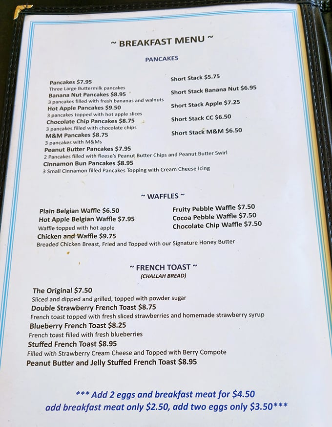 This menu isn't just a list of food&mdash;it's a roadmap to happiness. The French toast section alone could make a cardiologist weep with joy. 