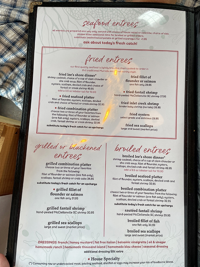 This menu isn't just a list of options &ndash; it's a roadmap to seafood nirvana with "Lee's Shore Dinner" leading the expedition.