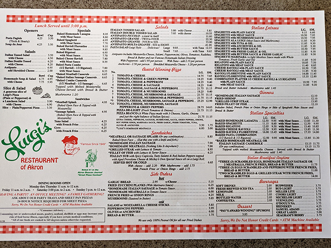 Luigi's menu reads like a love letter to Italian-American cuisine, each red-checkered page offering delicious possibilities that have satisfied Ohioans for decades.