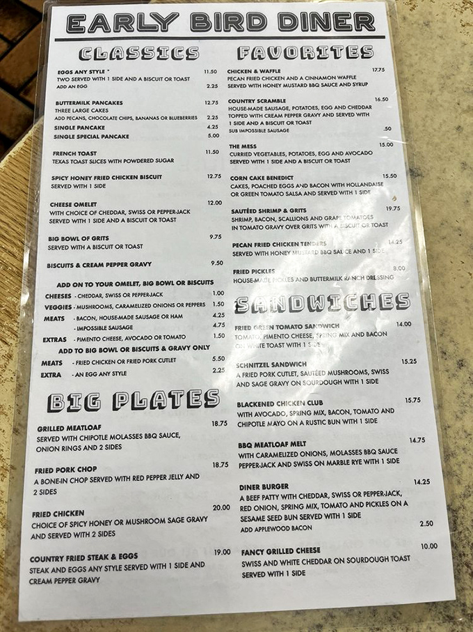 A menu that reads like a love letter to Southern comfort food. Each item promises the kind of satisfaction that makes you want to high-five the chef.