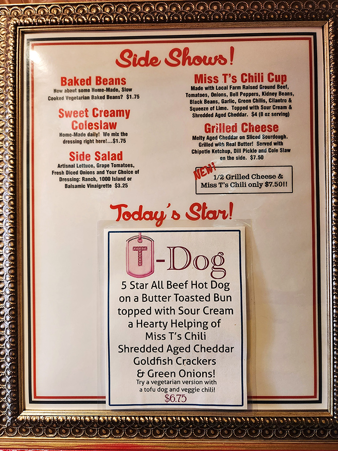The menu reads like a love letter to comfort food. Miss T's Chili and Goldfish crackers on a hot dog? That's either madness or genius&mdash;spoiler alert: it's genius.