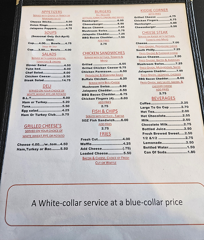 A menu that doesn't need fancy fonts or pretentious descriptions&mdash;just honest food at prices that won't make your wallet weep.