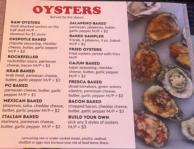 This menu isn't just a list—it's a treasure map to oyster nirvana. The "Build Your Own" option is basically an invitation to culinary greatness.
