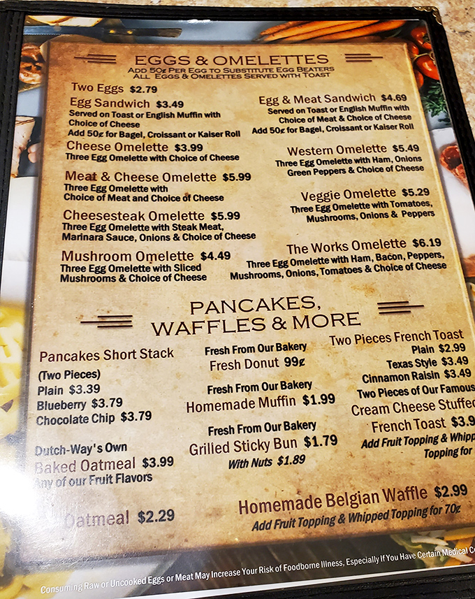 This menu reads like a love letter to breakfast, with prices that won't require a second mortgage.