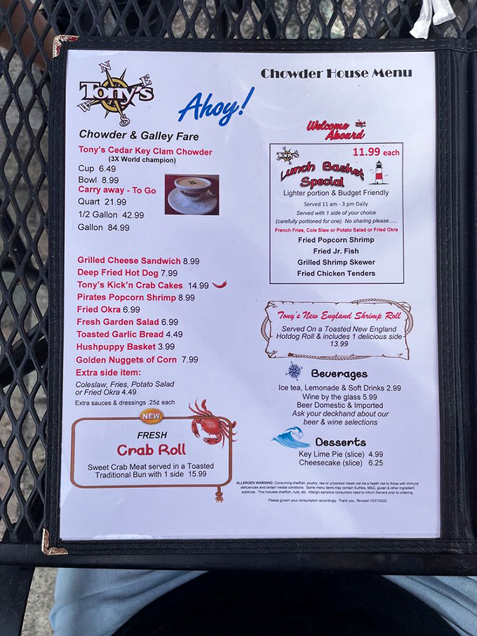 Tony's menu reads like a love letter to seafood enthusiasts—featuring their world champion clam chowder and those legendary Kick'n Crab Cakes that have ruined lesser crab cakes for me forever.