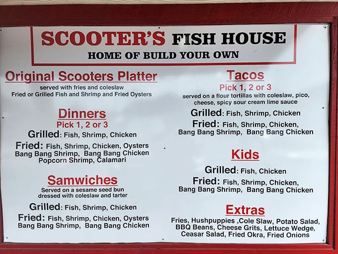 The menu board at Scooter's doesn't mince words&mdash;just straightforward seafood options that let the Gulf's bounty speak for itself.