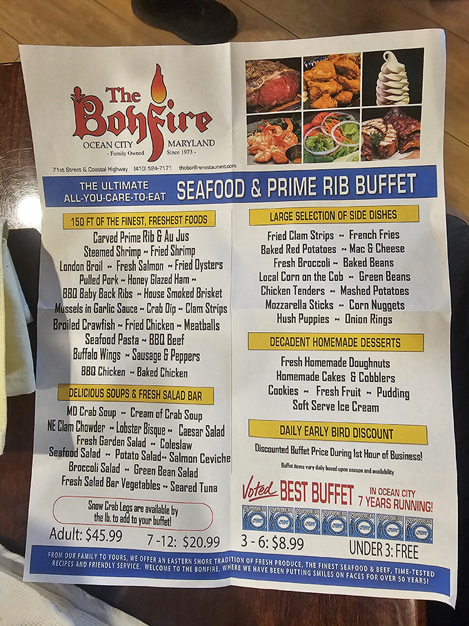 This menu isn't just a list – it's a treasure map to 150 feet of culinary bliss. The "under 3 eat free" policy is nature's way of balancing the universe.