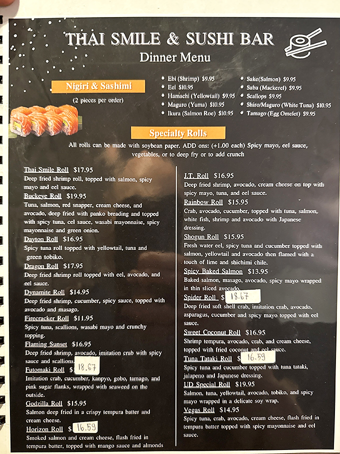 The menu reads like a greatest hits album of Thai and Japanese cuisine. That Buckeye Roll is Ohio pride served with wasabi and a side of clever.